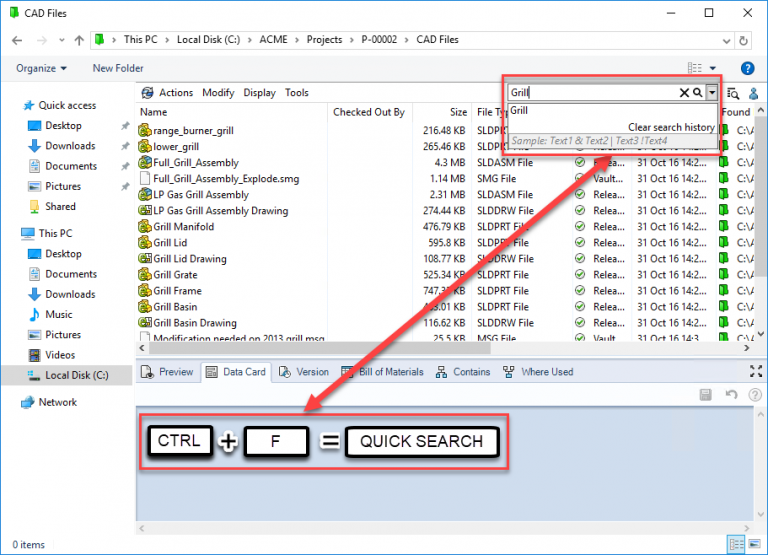 Use keyboard shortcuts to access searches in SOLIDWORKS PDM 2020